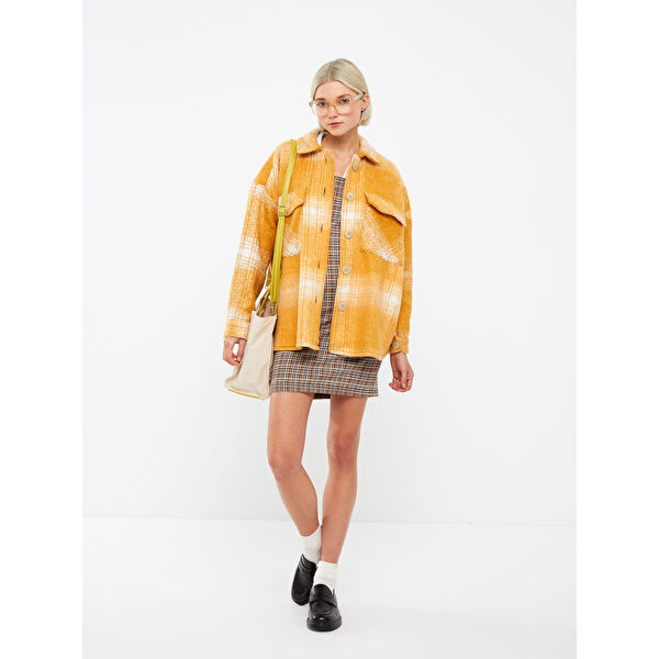 Önden Düğme Kapamalı Ekose Uzun Kollu Gabardin Kadın Gömlek Ceket
