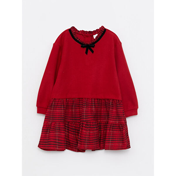 Bisiklet Yaka Uzun Kollu Ekose Desenli Kız Bebek Elbise