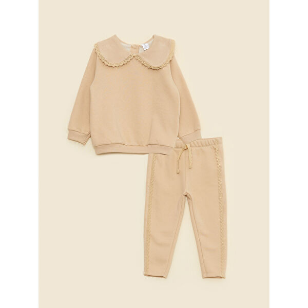 Bebe Yaka Uzun Kollu Organik Pamuklu Kız Bebek Sweatshirt ve Eşofman Alt 2'li Takım Bebe Yaka Uzun Kollu Organik Pamuklu Kız Bebek Sweatshirt ve Eşofman Alt 2'li Takım