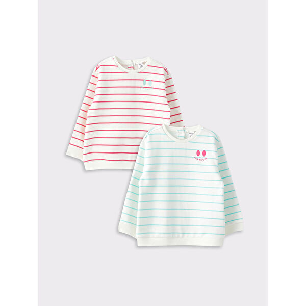 Bisiklet Yaka Uzun Kollu Çizgili Kız Bebek Sweatshirt 2'li Bisiklet Yaka Uzun Kollu Çizgili Kız Bebek Sweatshirt 2'li