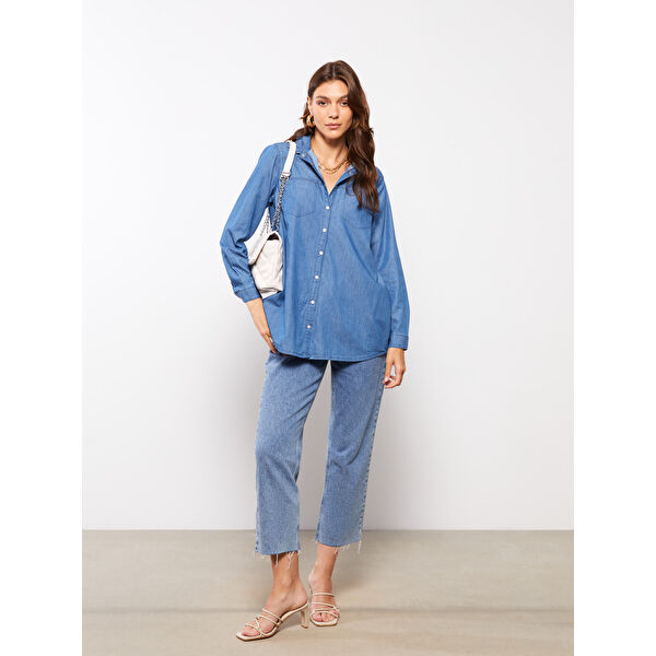 Gömlek Yaka Düz Uzun Kollu Kadın Jean Tunik Gömlek Yaka Düz Uzun Kollu Kadın Jean Tunik