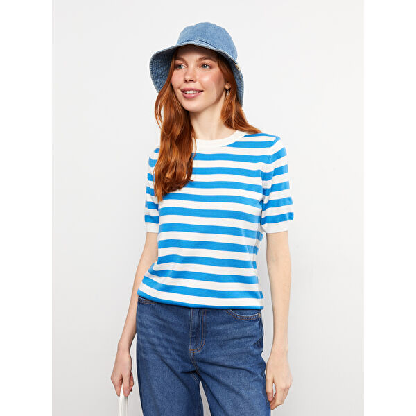 Bisiklet Yaka Çizgili Kısa Kollu Kadın Triko Kazak
