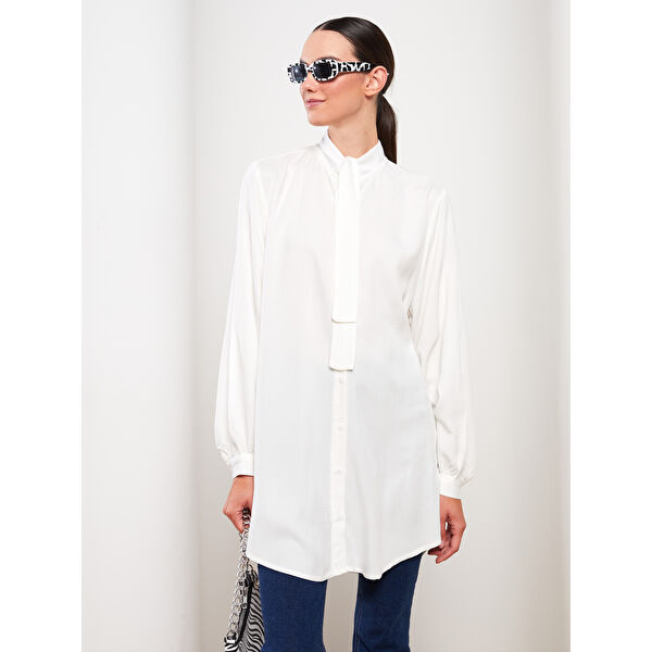 Bağlamalı Yaka Düz Uzun Kollu Viskon Kadın Tunik