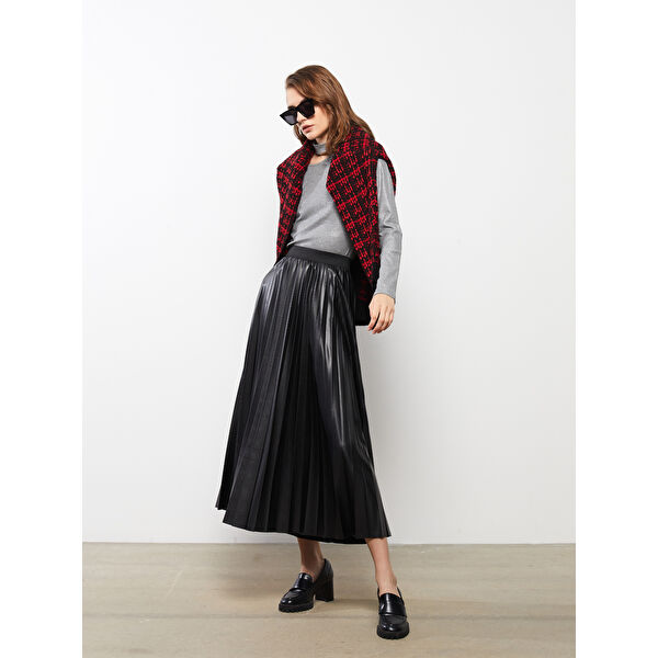 Beli Lastikli Düz Pileli Kadın Etek