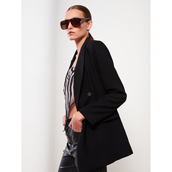 Önden Düğme Kapamalı Düz Uzun Kollu Gabardin Kadın Blazer Ceket Önden Düğme Kapamalı Düz Uzun Kollu Gabardin Kadın Blazer Ceket