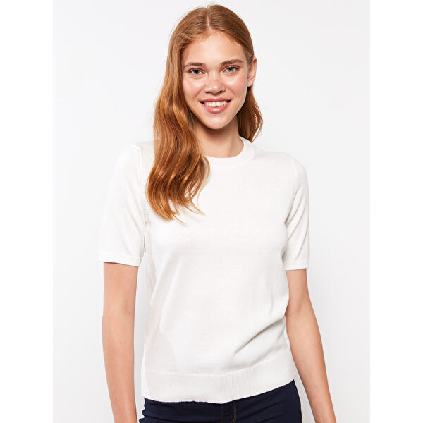 Bisiklet Yaka Düz Kısa Kollu Kadın Triko Kazak Bisiklet Yaka Düz Kısa Kollu Kadın Triko Kazak