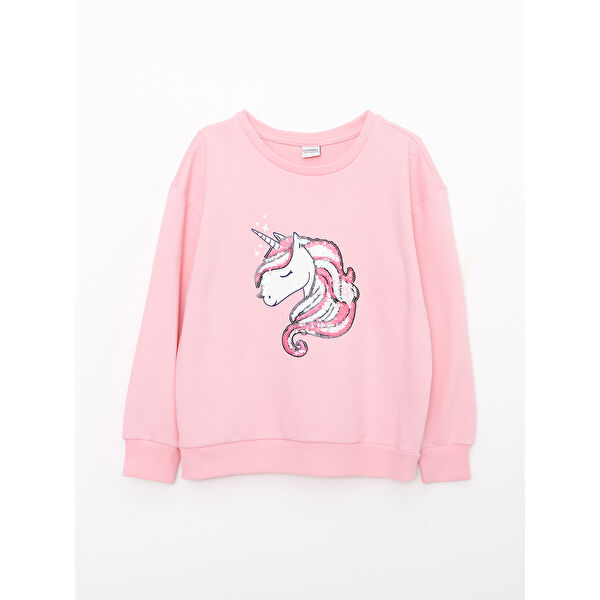 Bisiklet Yaka Baskılı Payetli Kız Çocuk Sweatshirt