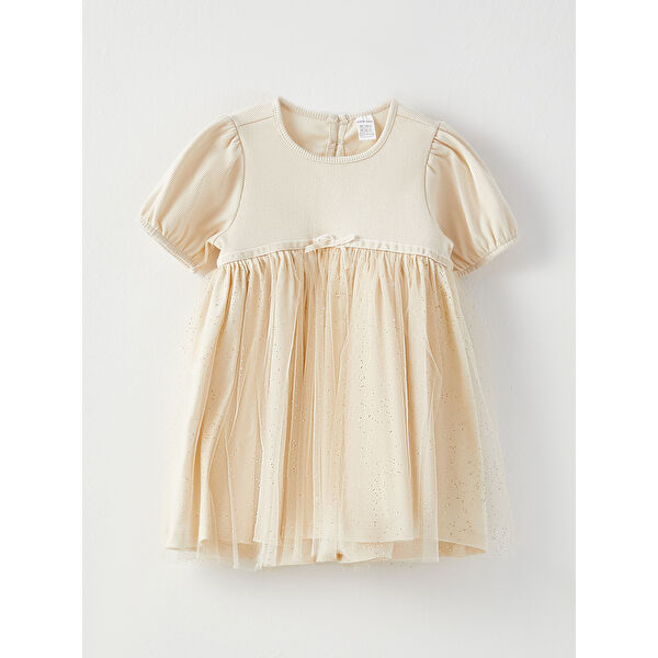 Bisiklet Yaka Kısa Kollu Tül Etekli Kız Bebek Elbise Bisiklet Yaka Kısa Kollu Tül Etekli Kız Bebek Elbise