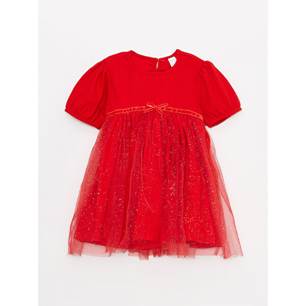 Bisiklet Yaka Kısa Kollu Tül Etekli Kız Bebek Elbise Bisiklet Yaka Kısa Kollu Tül Etekli Kız Bebek Elbise