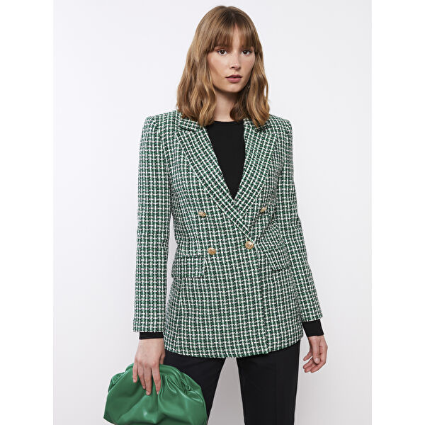 Önden Düğme Kapamalı Uzun Kollu Ekose Kadın Blazer Ceket Önden Düğme Kapamalı Uzun Kollu Ekose Kadın Blazer Ceket