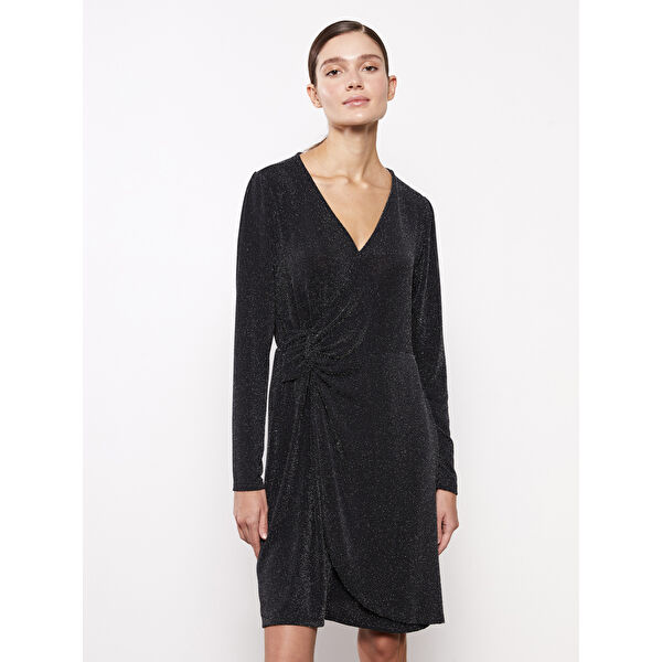 V Yaka Parlak Görünümlü Uzun Kollu Kadın Elbise