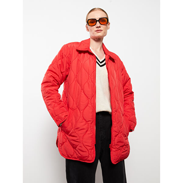 Gömlek Yaka Kendinden Desenli Uzun Kollu Kadın Şişme Mont