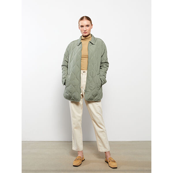 Gömlek Yaka Kendinden Desenli Uzun Kollu Kadın Şişme Mont