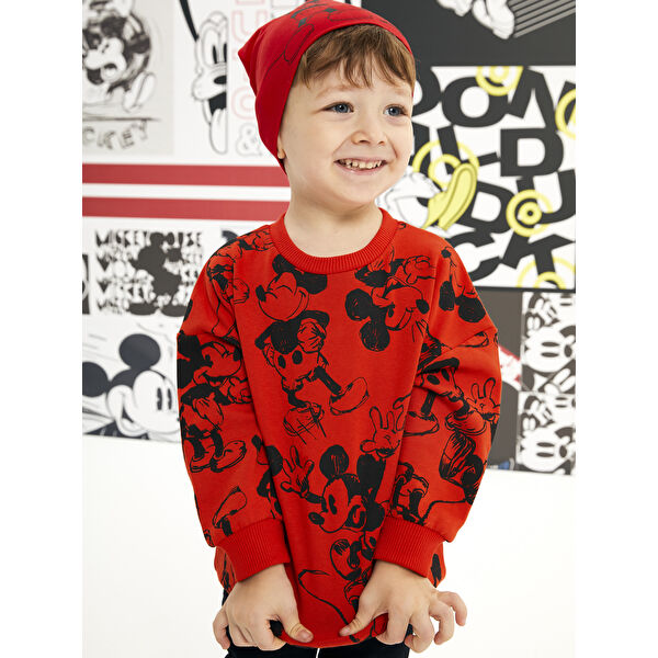 Bisiklet Yaka Uzun Kol Mickey Mouse Baskılı Erkek Bebek Sweatshirt