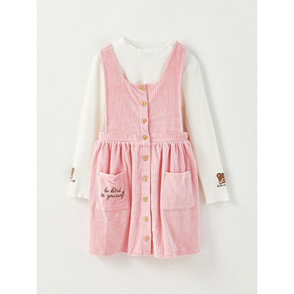 Bisiklet Yaka Nakışlı Uzun Kollu Kız Çocuk Tişört ve Kadife Elbise