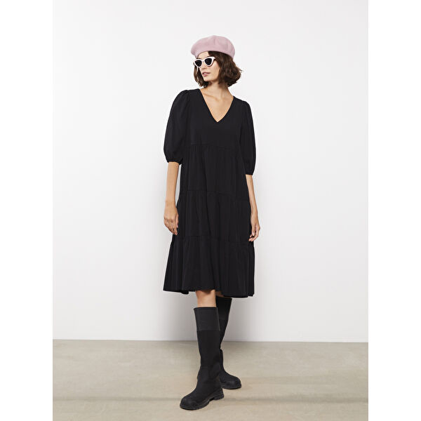 V Yaka Düz Kısa Kollu Poplin Kadın Elbise V Yaka Düz Kısa Kollu Poplin Kadın Elbise