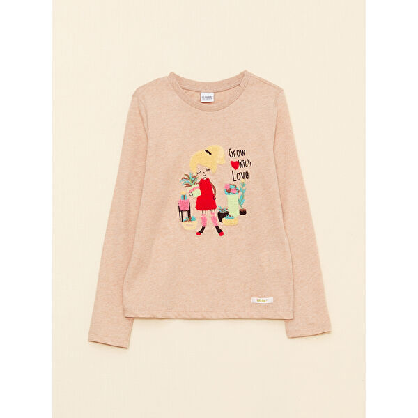 Bisiklet Yaka Nakışlı Uzun Kollu Kız Çocuk Tişört