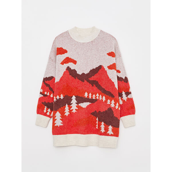 Dik Yaka Desenli Uzun Kollu Oversize Kadın Triko Tunik