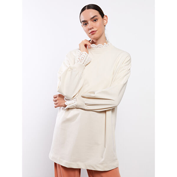 Fırfırlı Dik Yaka Nakışlı Uzun Kollu Kadın Tunik