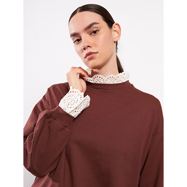 Fırfırlı Dik Yaka Nakışlı Uzun Kollu Kadın Tunik