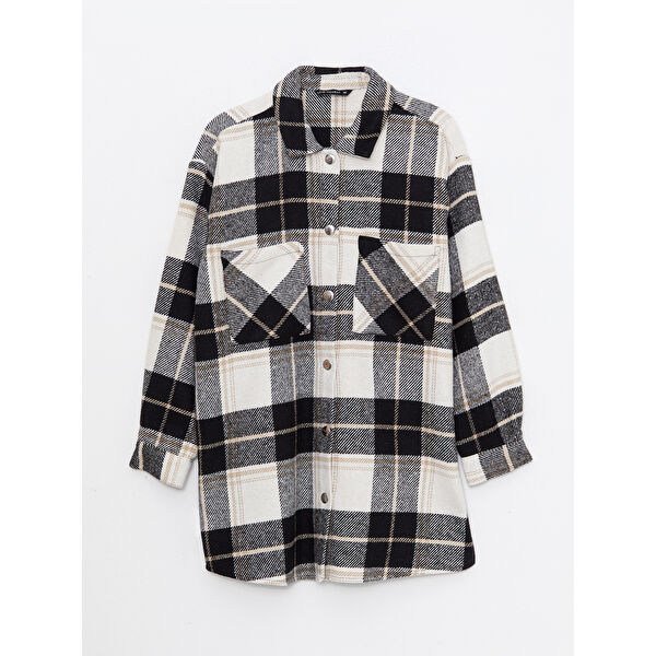 Ekose Uzun Kollu Oversize Gabardin Kadın Gömlek Ceket