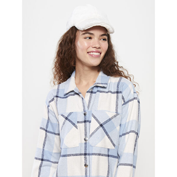 Ekose Uzun Kollu Oversize Gabardin Kadın Gömlek Ceket