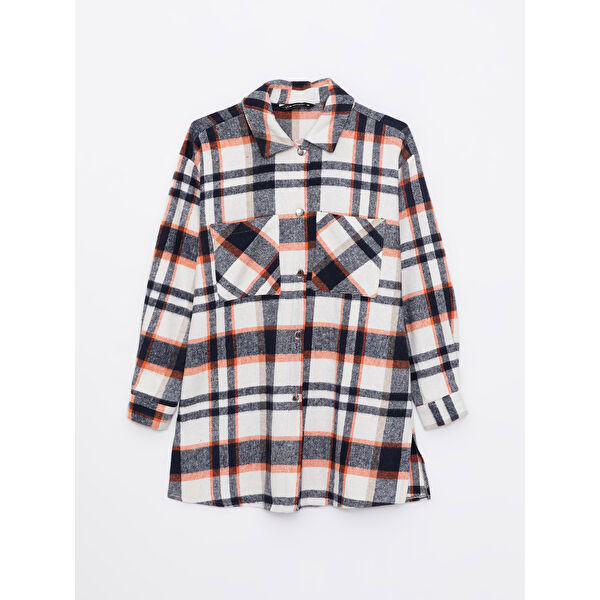 Ekose Uzun Kollu Oversize Gabardin Kadın Gömlek Ceket