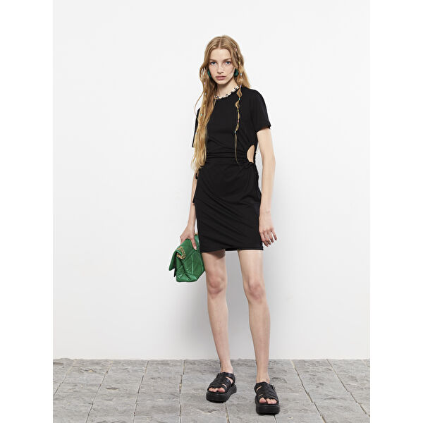 Bisiklet Yaka Düz Kısa Kollu Pamuklu Kadın Elbise