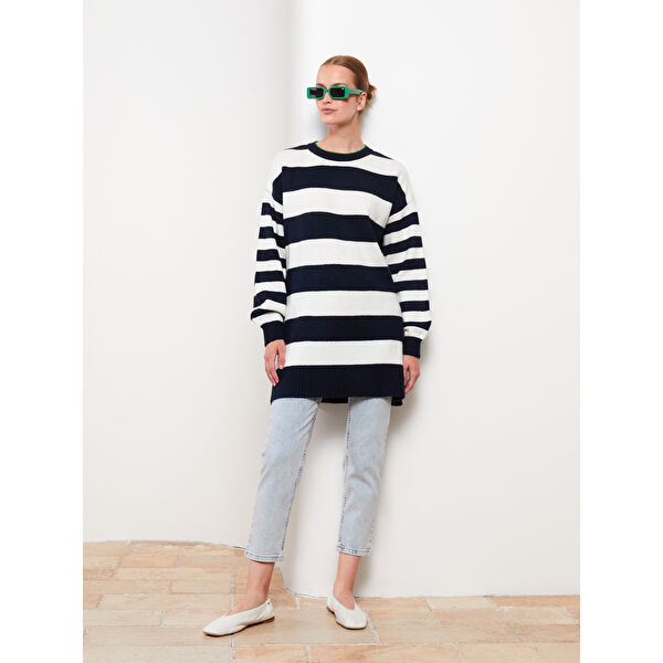 Bisiklet Yaka Çizgili Uzun Kollu Oversize Kadın Triko Tunik Bisiklet Yaka Çizgili Uzun Kollu Oversize Kadın Triko Tunik