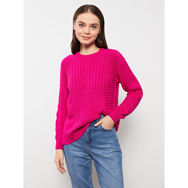 Bisiklet Yaka Kendinden Desenli Uzun Kollu Kadın Triko Kazak