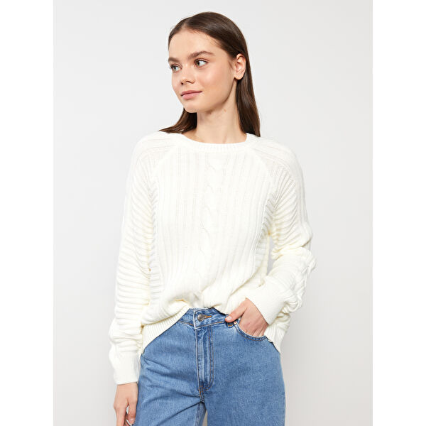 Bisiklet Yaka Kendinden Desenli Uzun Kollu Kadın Triko Kazak