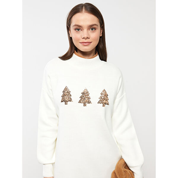 Dik Yaka Nakışlı Uzun Kollu Oversize Kadın Tunik