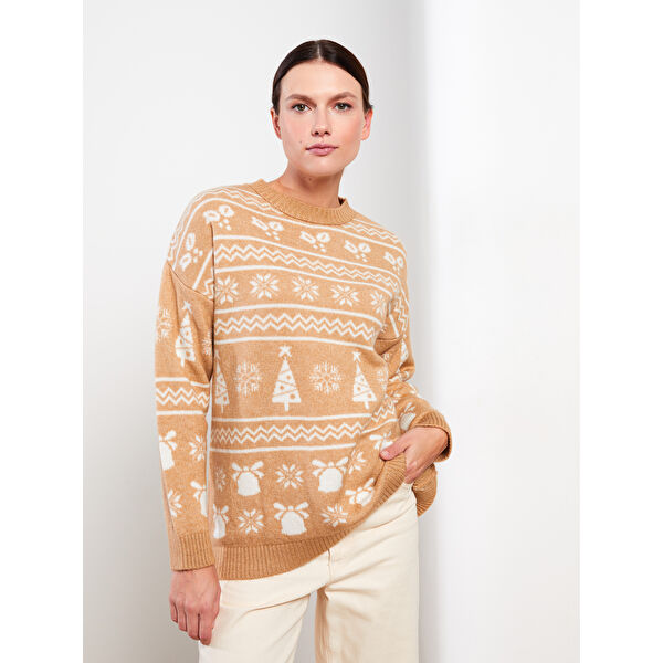 Bisiklet Yaka Yılbaşı Temalı Uzun Kollu Kadın Triko Kazak