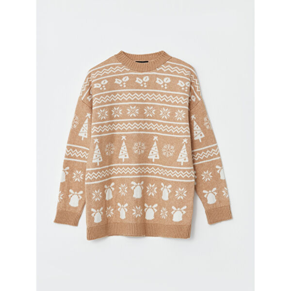 Bisiklet Yaka Yılbaşı Temalı Uzun Kollu Kadın Triko Kazak