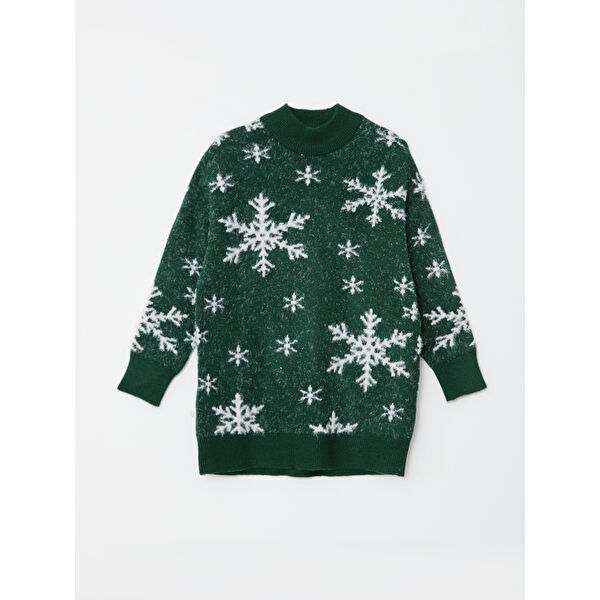 Dik Yaka Desenli Uzun Kollu Oversize Kadın Triko Kazak