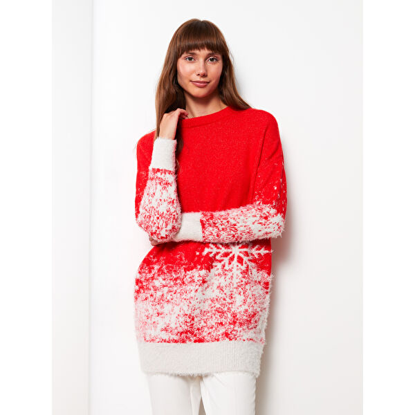 Bisiklet Yaka Desenli Uzun Kollu Oversize Kadın Tunik