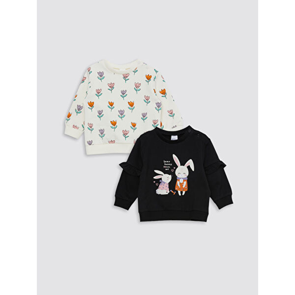 Bisiklet Yaka Uzun Kollu Baskılı Kız Bebek Sweatshirt 2'li