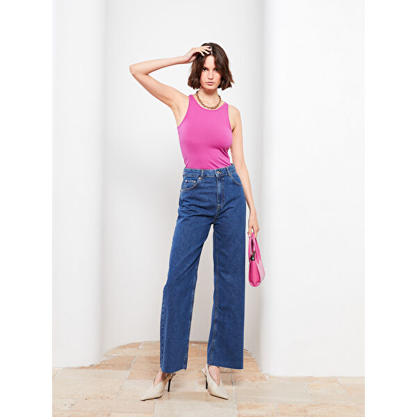 Yüksek Bel Standart Fit Düz Geniş Paça Kadın Rodeo Jean Pantolon