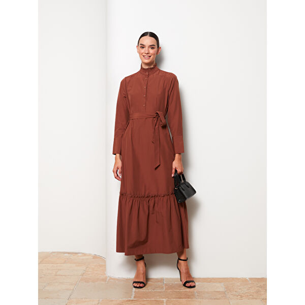 Dik Yaka Düz Uzun Kollu Poplin Kadın Elbise Dik Yaka Düz Uzun Kollu Poplin Kadın Elbise