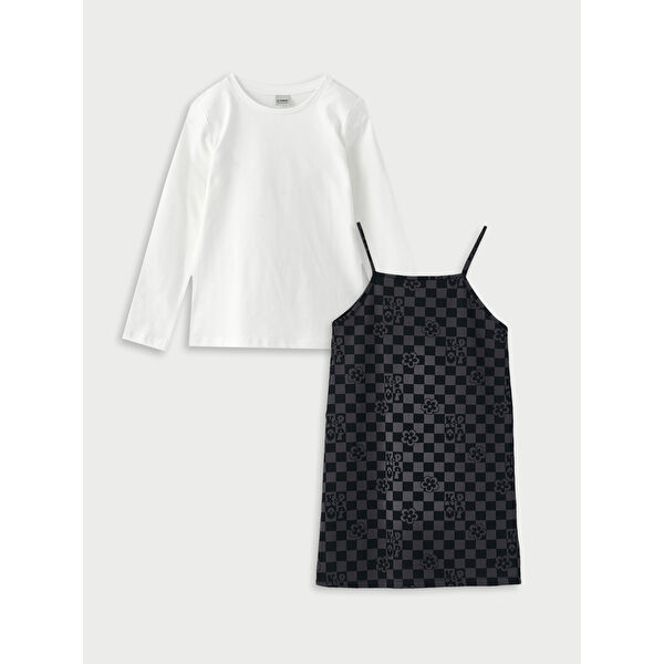 Kare Yaka Desenli Askılı Kız Çocuk Elbise ve Tişört Kare Yaka Desenli Askılı Kız Çocuk Elbise ve Tişört