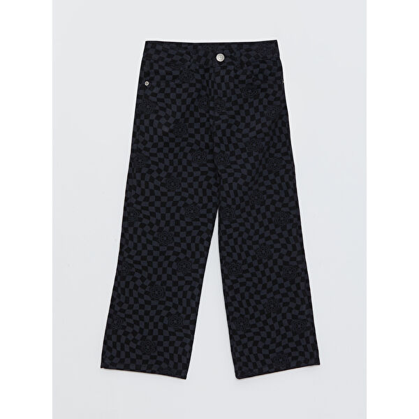 Desenli Geniş Paça Kız Çocuk Jean Pantolon