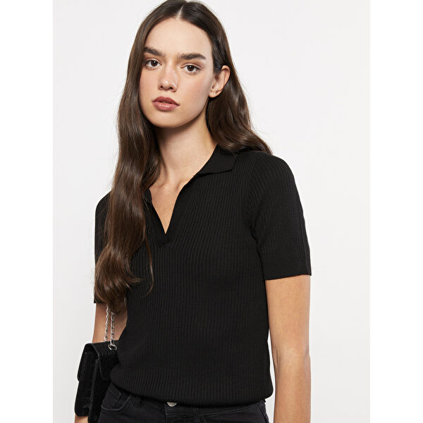 Polo Yaka Düz Kısa Kollu Kadın Triko Kazak