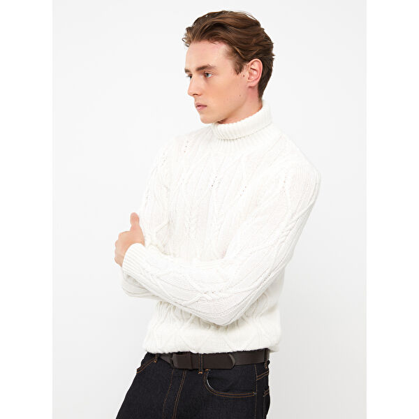 Balıkçı Yaka Uzun Kollu Kendinden Desenli Erkek Triko Kazak Balıkçı Yaka Uzun Kollu Kendinden Desenli Erkek Triko Kazak