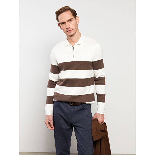 Polo Yaka Uzun Kollu Çizgili Erkek Triko Kazak Polo Yaka Uzun Kollu Çizgili Erkek Triko Kazak