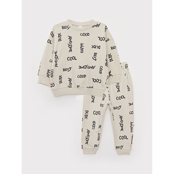 Bisiklet Yaka Uzun Kollu Baskılı Erkek Bebek Sweatshirt ve Pantolon 2'li Takım