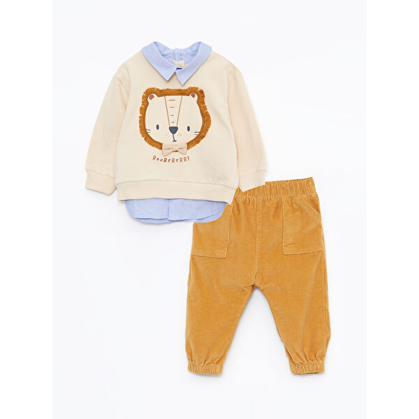 Uzun Kollu Baskılı Erkek Bebek Gömlek ve Kadife Pantolon 2'li Takım