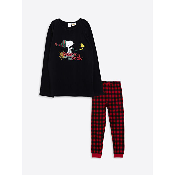 Bisiklet Yaka Snoopy Baskılı Uzun Kollu Kız Çocuk Pijama Takımı