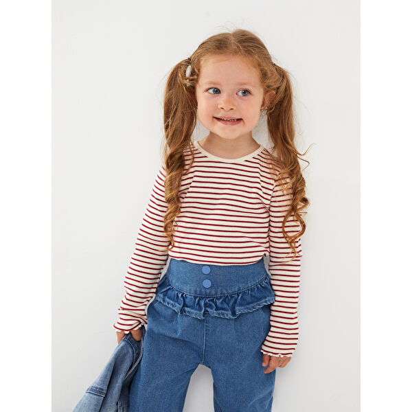 Bisiklet Yaka Uzun Kollu Çizgili Kız Bebek Tişört Bisiklet Yaka Uzun Kollu Çizgili Kız Bebek Tişört