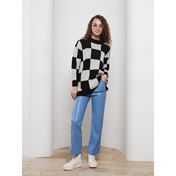 Bisiklet Yaka Desenli Uzun Kollu Oversize Kadın Triko Tunik