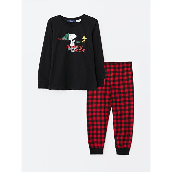 Bisiklet Yaka Snoopy Baskılı Uzun Kollu Erkek Çocuk Pijama Takımı